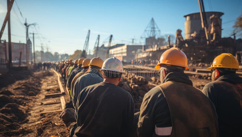 Rear View of a Group of Construction Workers Wearing Hard Hats on an ...