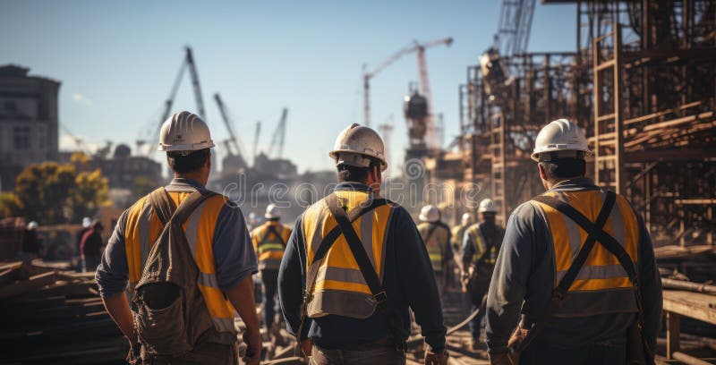 Rear View of a Group of Construction Workers Wearing Hard Hats on an ...