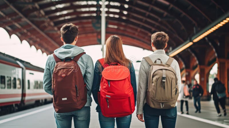 Rear View of a Group of Friends with Backpacks Standing at the Railway Station Generative AI ...