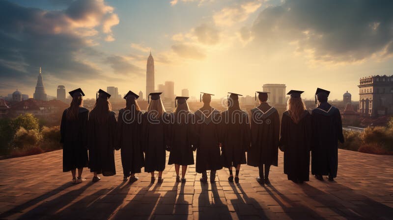 A Rear View of a Group of Graduates, Silhouettes Standing Outdoors ...