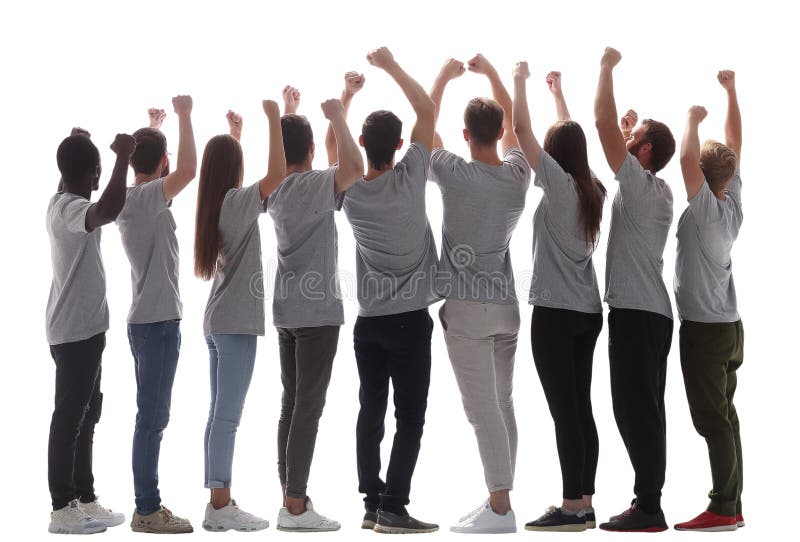 Rear View. Group of Happy Young People with Hands Up Stock Image ...