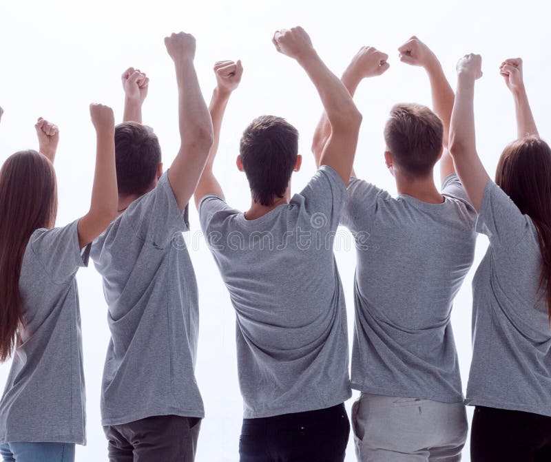 Rear View. Group of Happy Young People with Hands Up Stock Photo ...