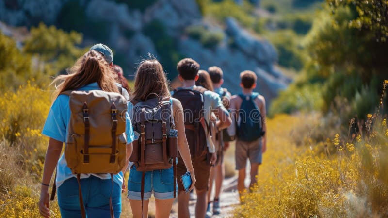 Rear View of Group of People with Backpacks Walking Along the Path in ...