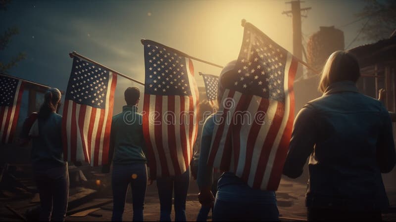 Rear View of a Group of People Holding the American Flag. Generative Ai ...