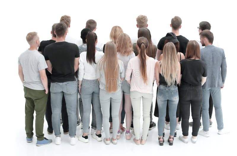 Rear View. Group of Young People Standing in Front of Blank Screen ...