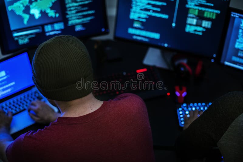 Rear View of Hacker Man Working on Computer Stock Image - Image of ...