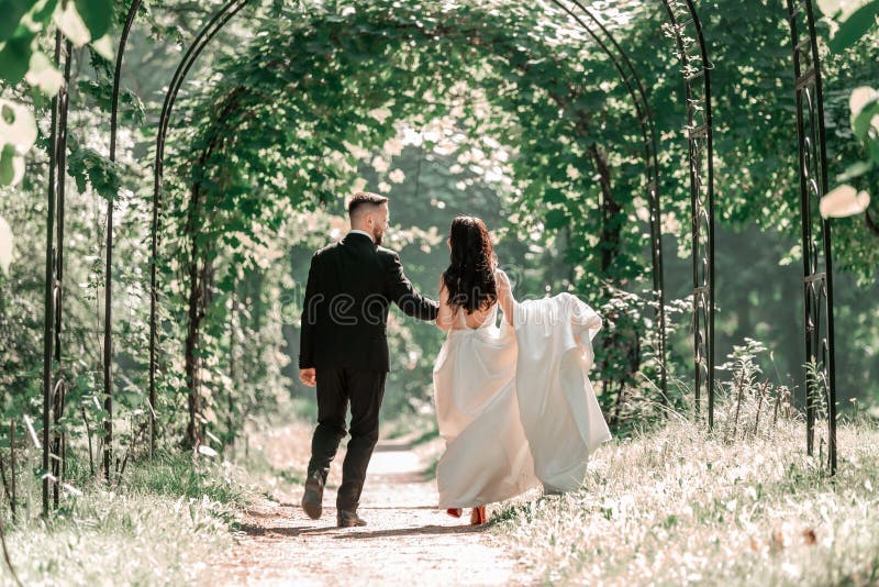 Rear View. Happy Bride and Groom Passing Under the Wedding Arch Image ...