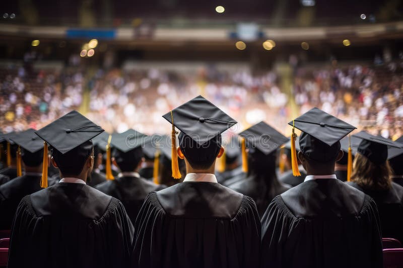 Rear View of High School Students in Graduation Gowns and Caps ...