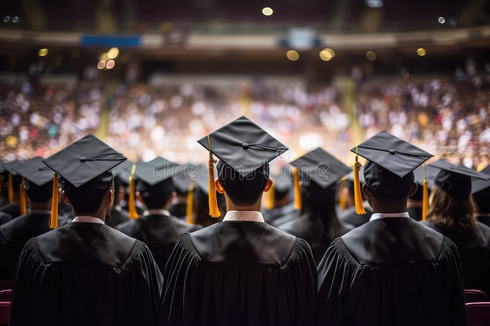 Rear View of High School Students in Graduation Gowns and Caps ...