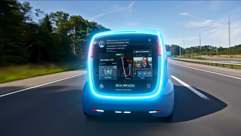 A Futuristic Self-driving Car with a Glowing Blue Neon Frame and a ...