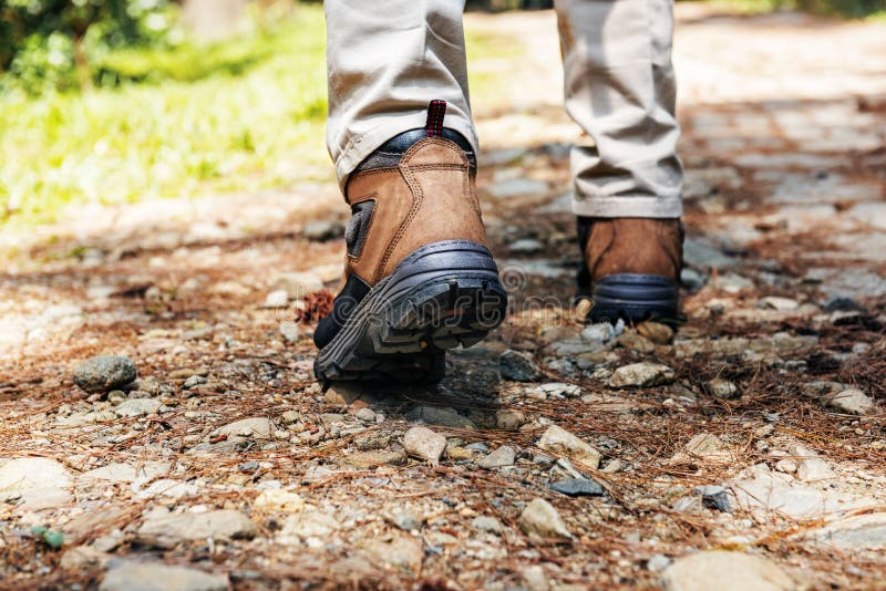 Rear View of Hikers Man with Boots Walking Stock Photo - Image of ...