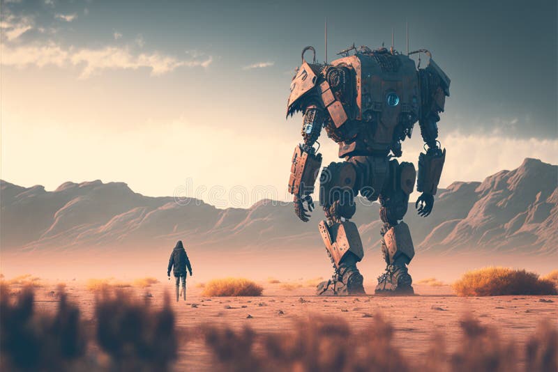 Rear View of a Human and a Giant Robot in the Desert, Distopic Future ...