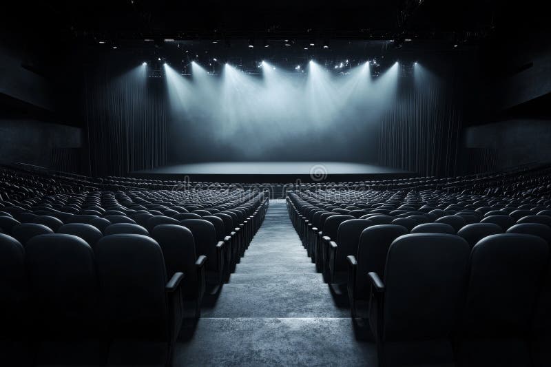 Rear View of Large Modern Theatre Hall with Stage, Seats and Spotlights ...
