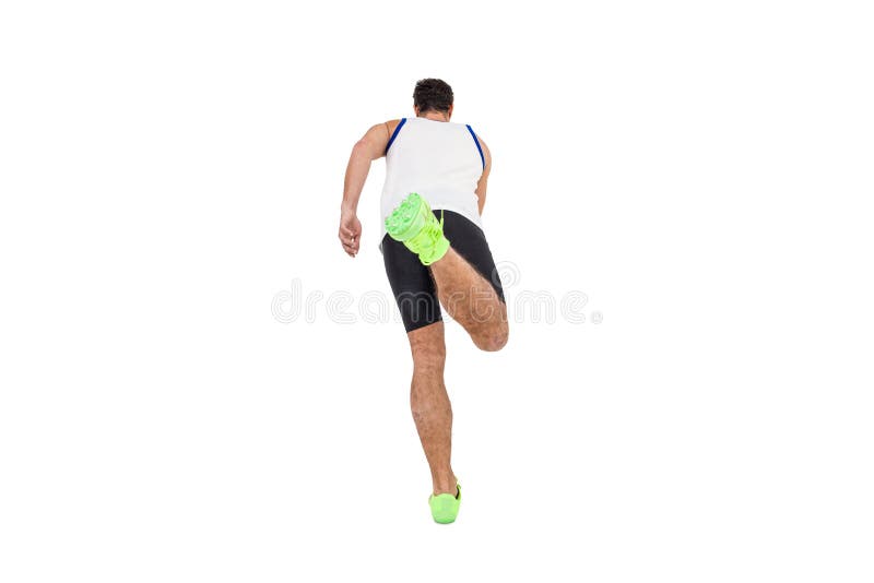 Rear View of Male Athlete Running on White Background Stock Image ...