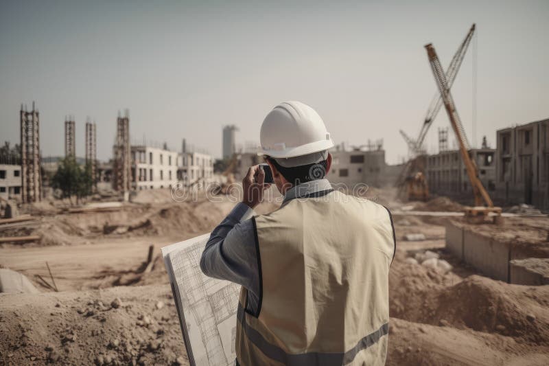 Rear View of a Male Civil Engineer Using Mobile Phone while Standing on ...