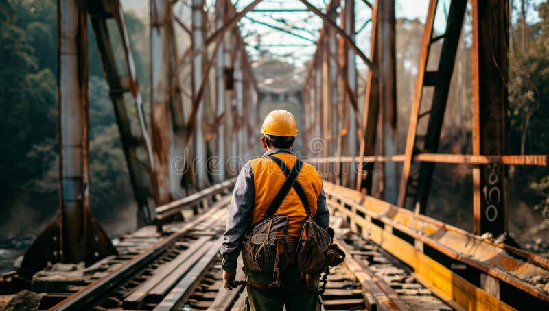 Rear View of a Male Construction Worker Walking on the Railway Bridge ...