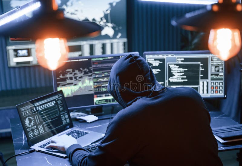 Rear View. Male Professional Hacker is Sitting by Computer, Conception ...