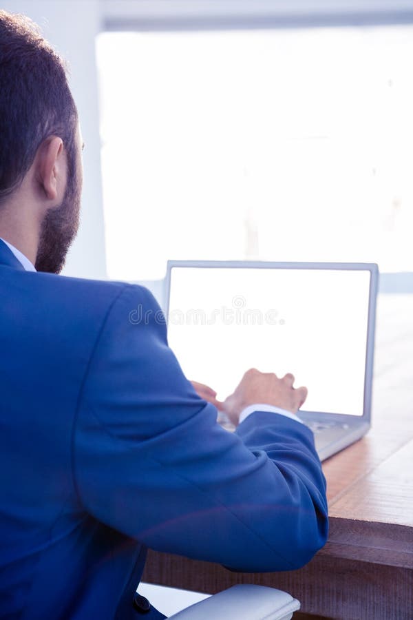 Rear View of Male Professional Working on Laptop in Office Stock Image ...
