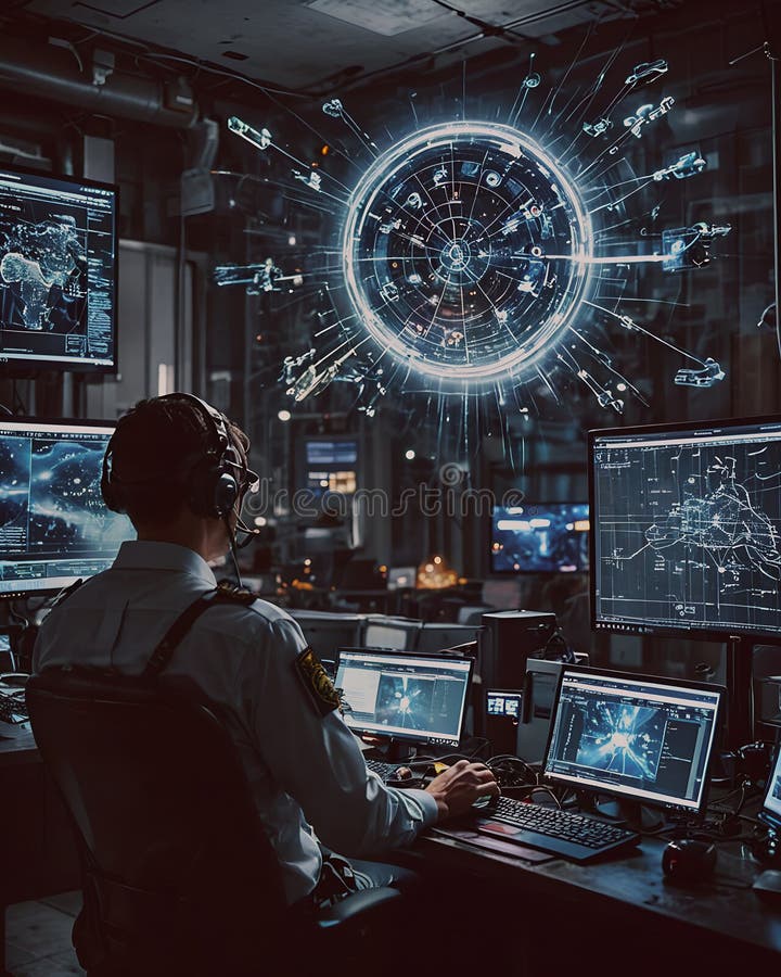 A Man is Working in a Computer Lab with a Map of the World on the Wall ...