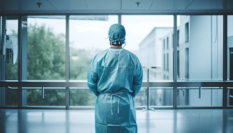 Rear View of a Male Surgeon Standing in Corridor of Hospital Stock ...