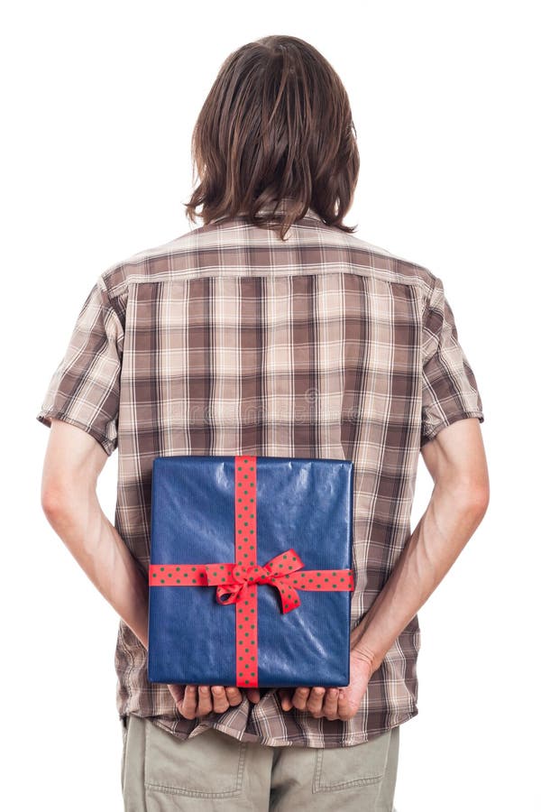 Rear View of Man with Blue Present Stock Image - Image of christmas ...