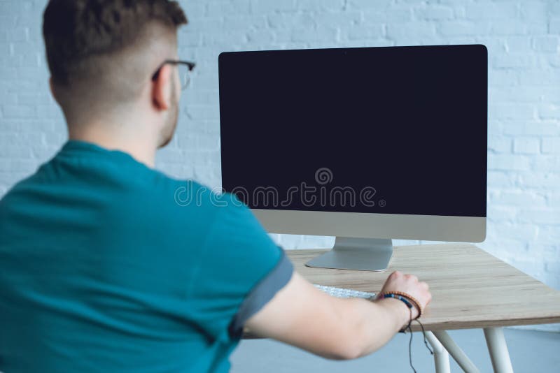 Rear View of Man Looking at Computer Screen Stock Image - Image of ...
