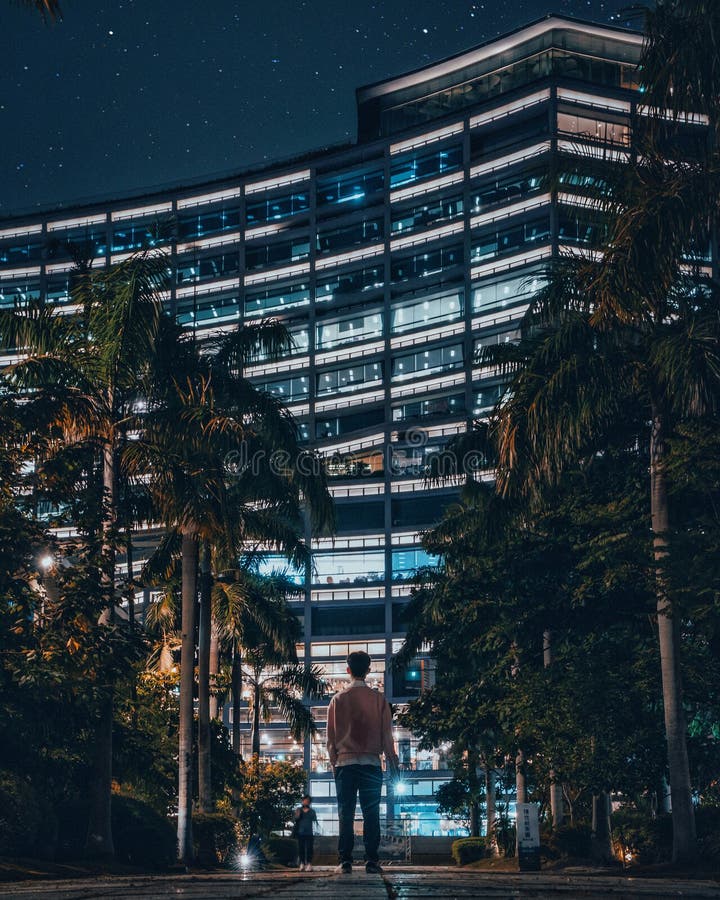 Rear View of a Man Looking at a Glass Skyscraper Building Stock Photo ...