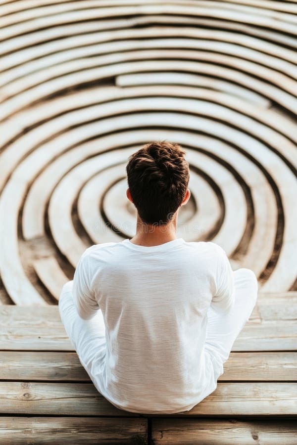 Rear View of a Man Meditating in Front of a Labyrinth of Concentric ...