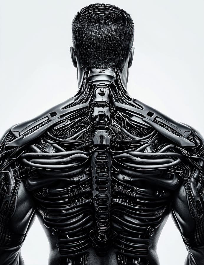 Rear View of a Man with a Metallic Exoskeleton Showing His Advanced ...