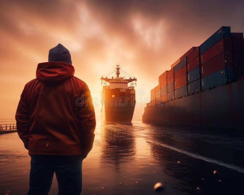 Rear View of a Man in Orange Jacket Watching the Freight Ship Sail Off ...