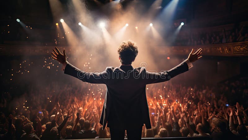 Rear View of a Man with Raised Hands in Front of a Concert Hall Stock ...