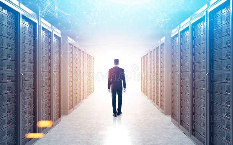 Rear View of Man in a Server Room, Sunlight Stock Image - Image of ...