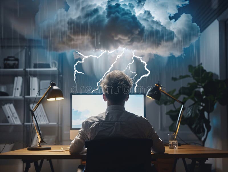 Rear View of a Man Sitting at a Computer. Thunderstorm Overhead. Stock ...