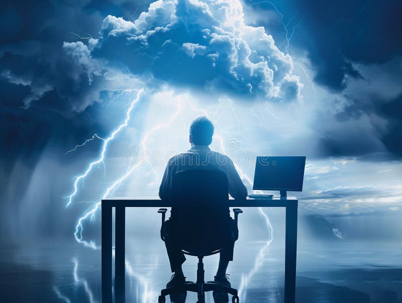 Rear View of a Man Sitting at a Computer. Thunderstorm Overhead. Stock ...