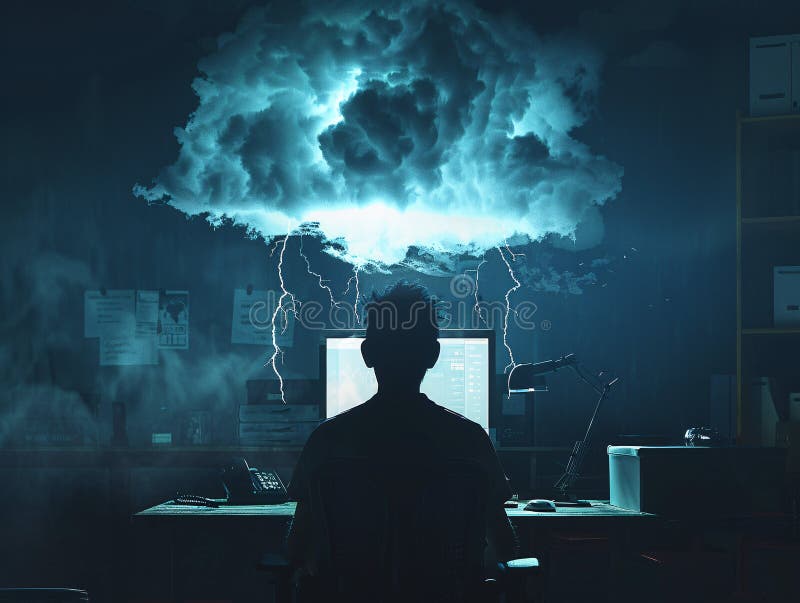 Rear View of a Man Sitting at a Computer. Thunderstorm Overhead. Stock ...