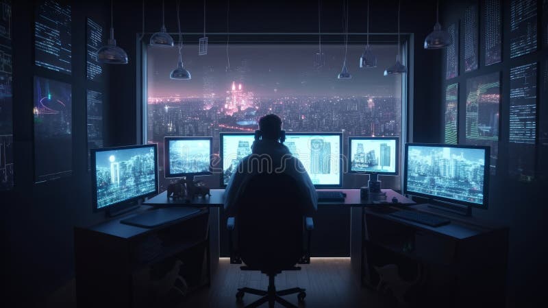 Rear View of a Man Sitting in Front of Computer Monitors and Looking at ...