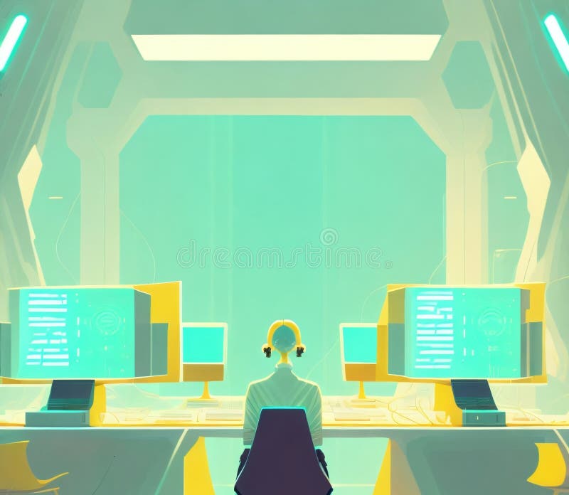 Rear View of a Man Sitting in Front of Computer Monitors in an Office ...