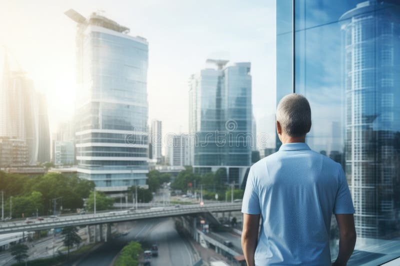 Rear View of Man Standing Looking at the City Stock Photo - Image of ...