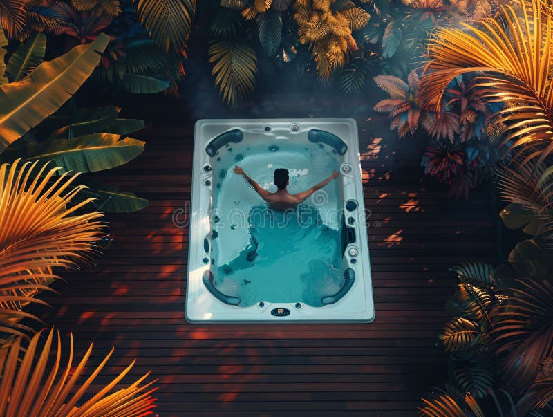 Rear View of Man Taking Jacuzzi in Tropical Area. Stock Photo - Image ...