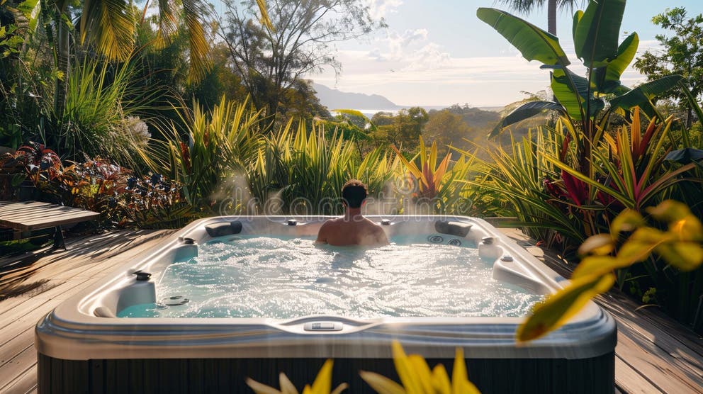 Rear View of Man Taking Jacuzzi in Tropical Area. Stock Photo - Image ...