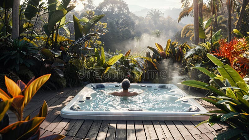 Rear View of Man Taking Jacuzzi in Tropical Area. Stock Photo - Image ...