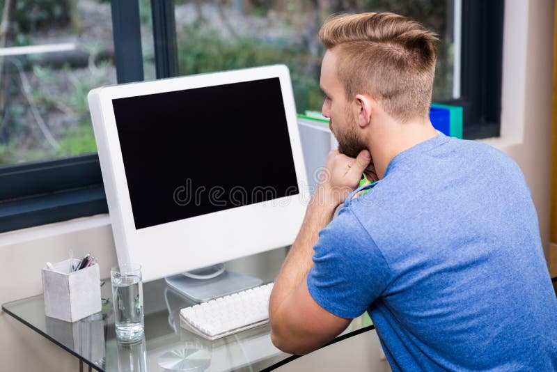 Rear View of Man Using Computer Stock Image - Image of cheerful, mouse ...