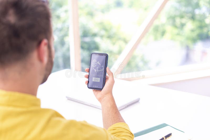 Rear View of a Man Using Mobile Phone and Transfer Money Stock Photo ...