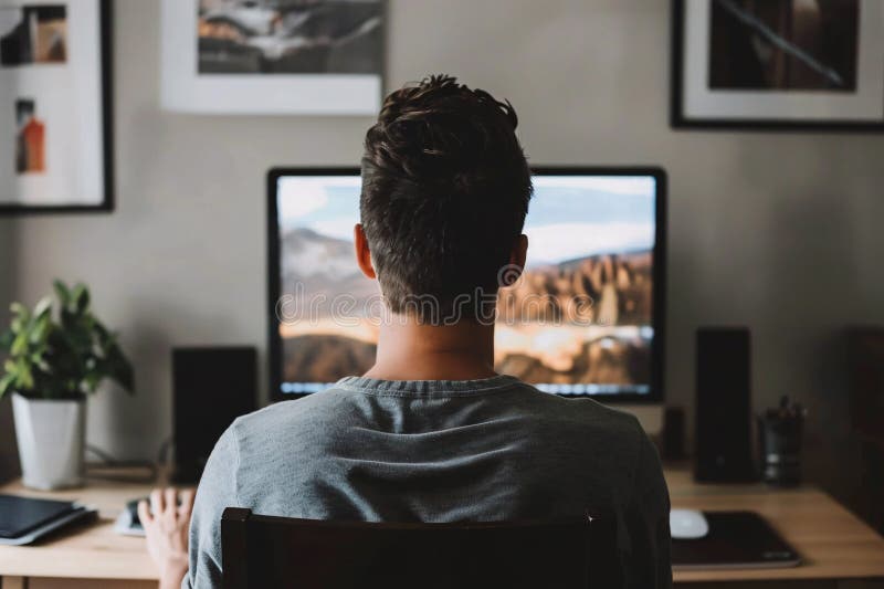 Rear View of Man Using Modern Computer at Home Office Stock ...