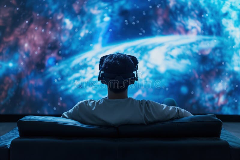 Rear View of Man in VR Headset Explores Cosmic Scenery in Spatial ...