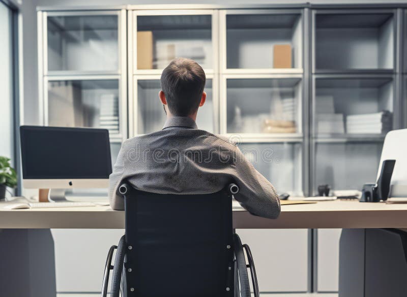 Rear View Man in a Wheelchair Doing Work at the Office. Created with ...