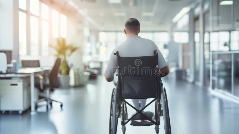 Rear View of a Man in a Wheelchair in a Spacious Office Hallway, Moving ...