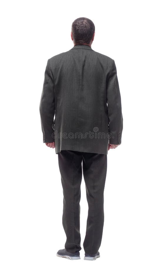 Rear View. Mature Man Reading an Ad on a White Screen Stock Image ...