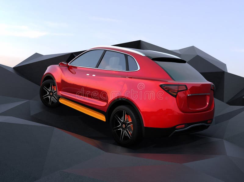 Rear View of Metallic Red Electric SUV on Geometric Hard Surface Ground ...