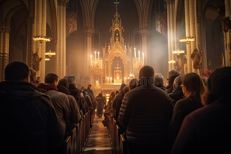 Rear View of Midnight Mass within a Church Crowded of People Attending ...